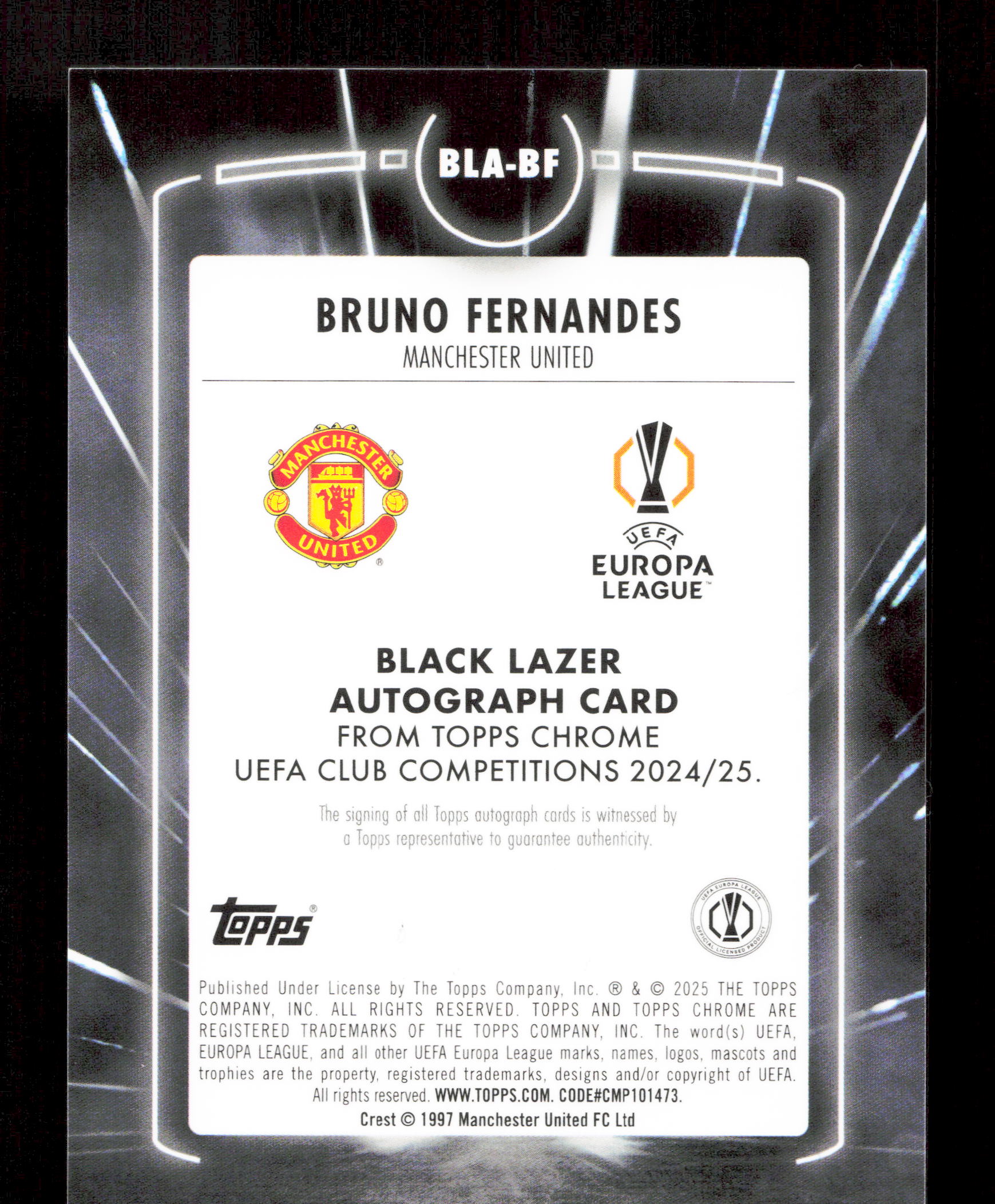 Topps Bruno Fernandes Black Lazer Autograph Card Chrome UEFA Club Comp